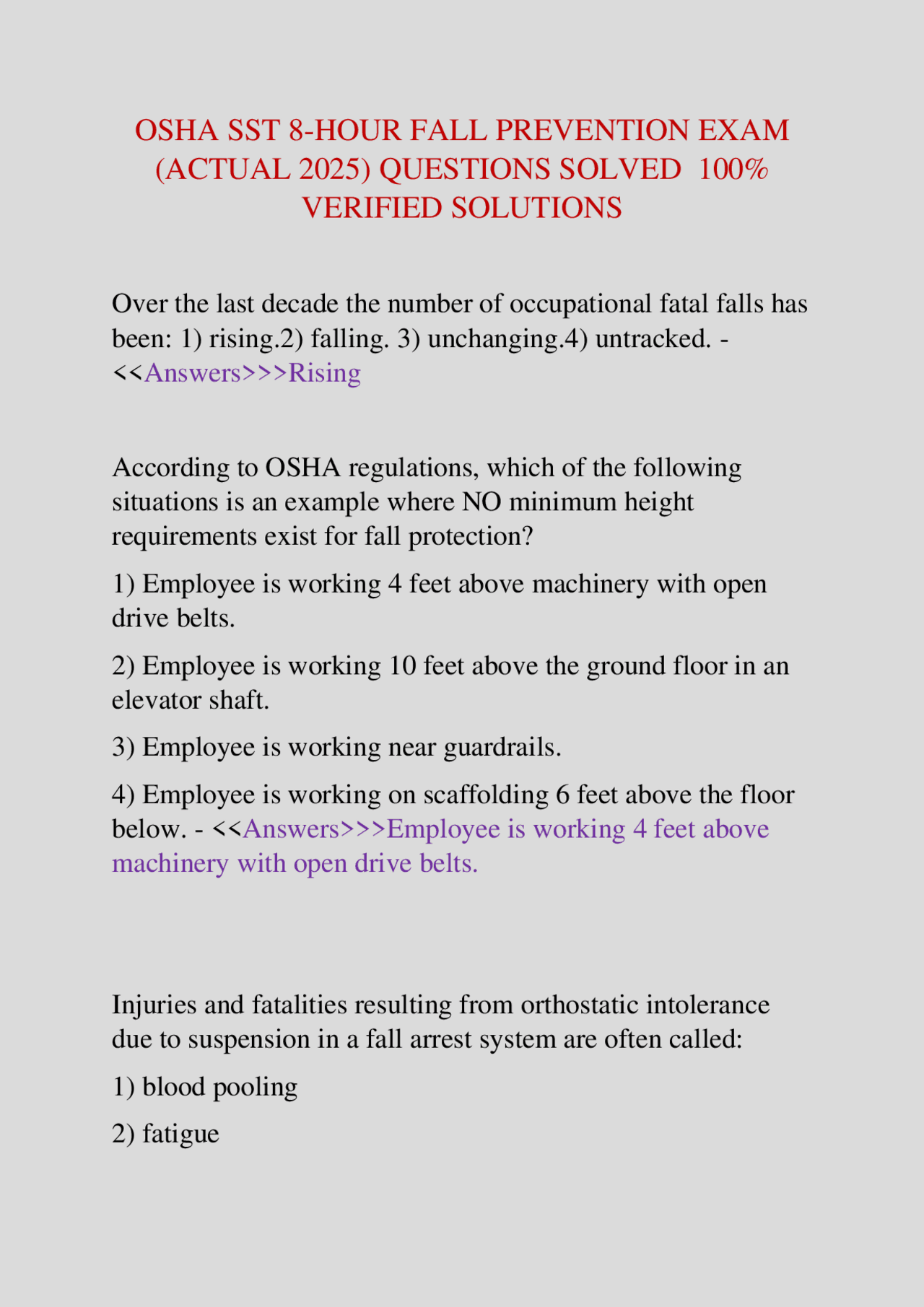 OSHA SST 8-HOUR FALL PREVENTION EXAM (ACTUAL 2025) QUESTIONS SOLVED 100 ...