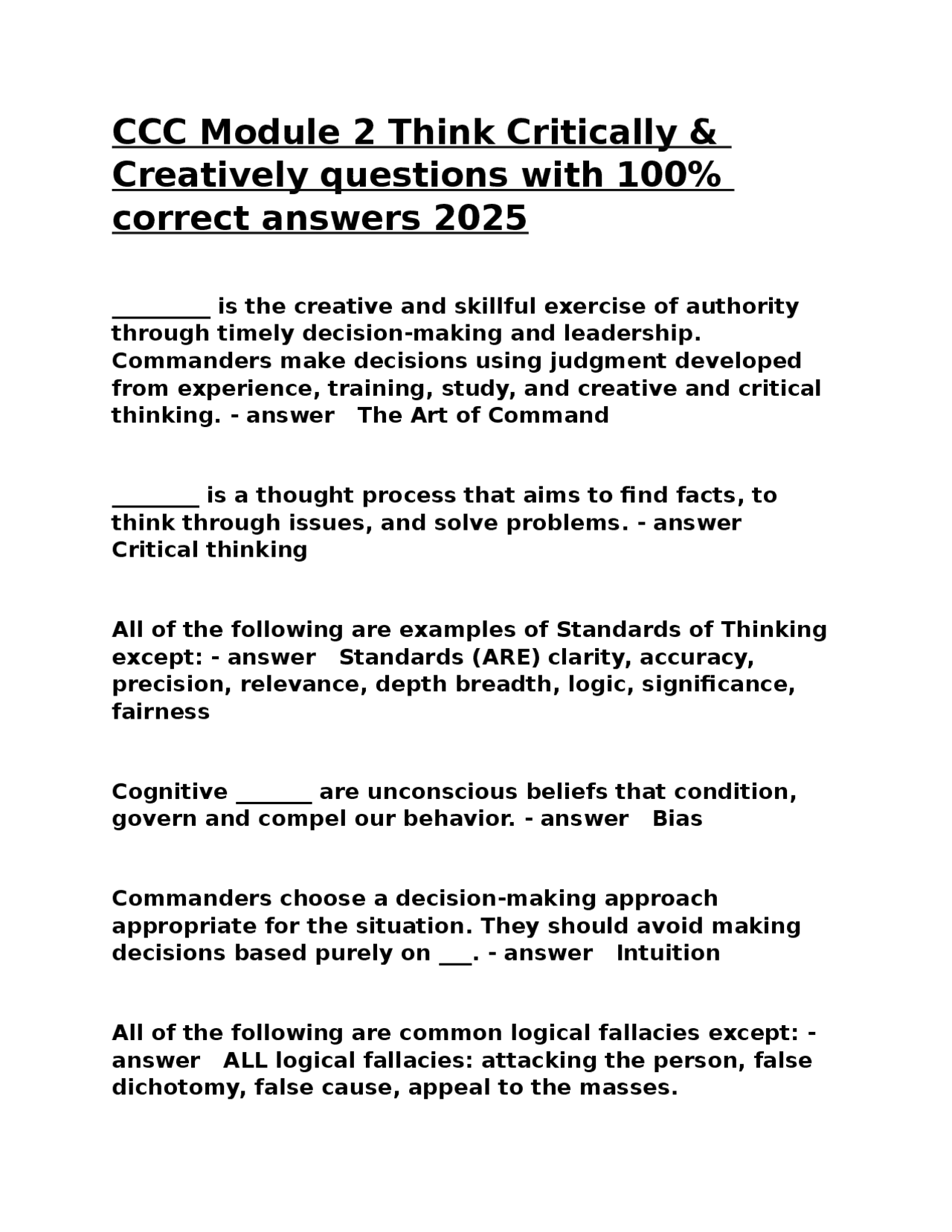 CCC Module 2 Think Critically & Creatively questions with 100% CORRECT ...