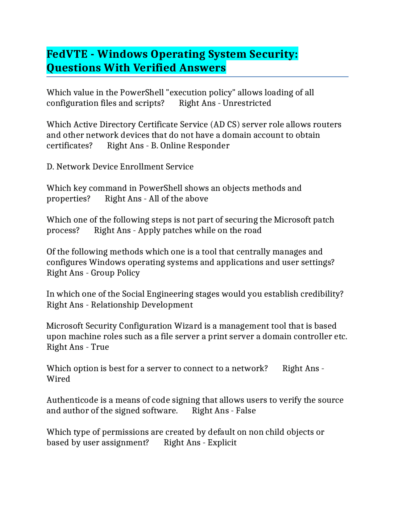 FedVTE - Windows Operating System Security: Questions With Verified Answers | Exams Advanced ...