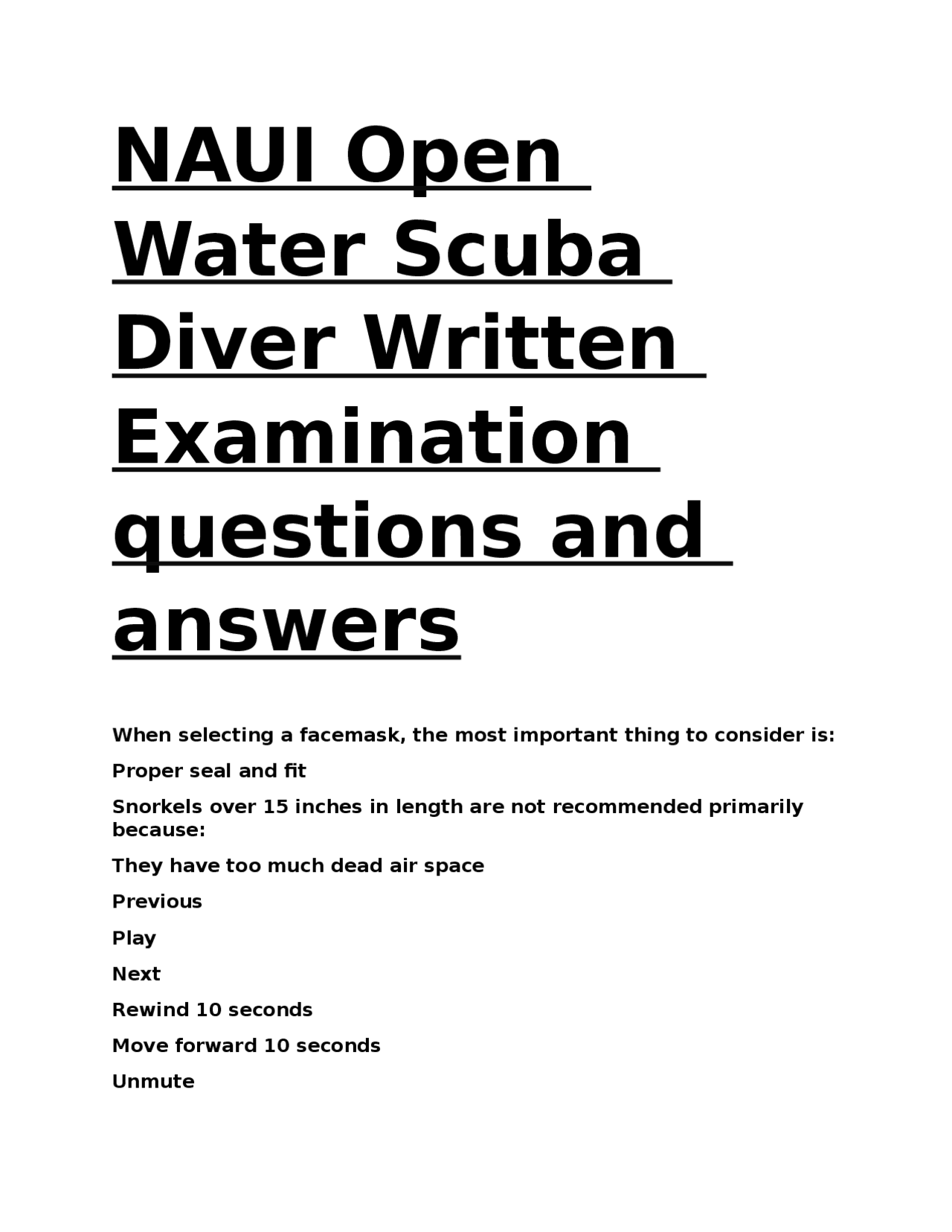 NAUI Open Water Scuba Diver Written Examination Questions and Answers ...