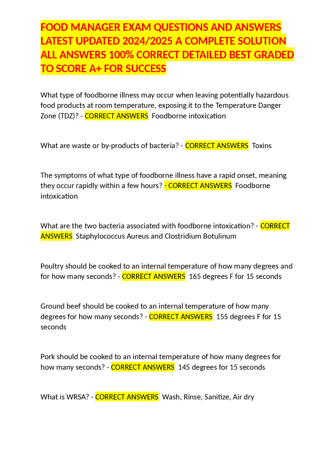 FOOD MANAGER EXAM QUESTIONS AND ANSWERS LATEST UPDATED 2024/2025 A ...
