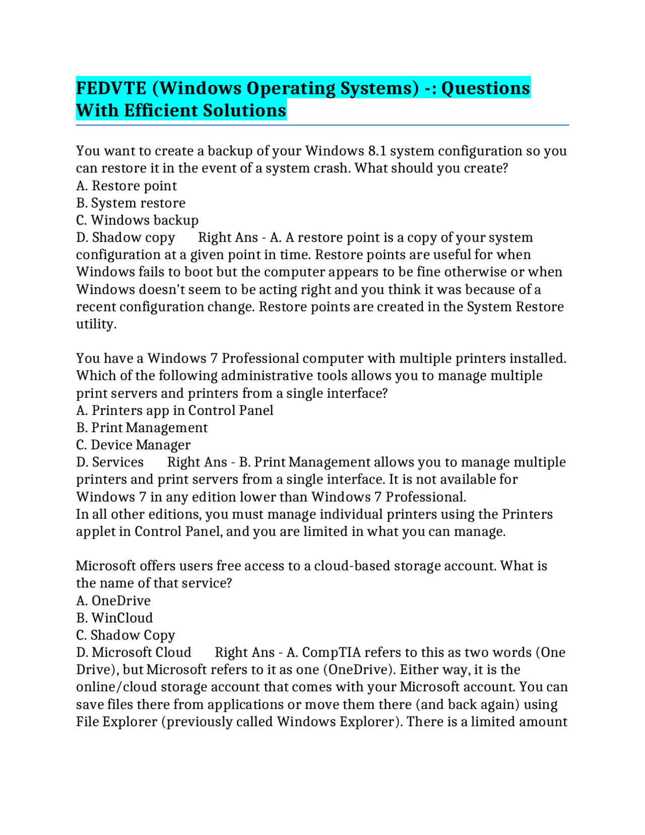 FEDVTE (Windows Operating Systems) -: Questions With Efficient Solutions | Exams Database ...