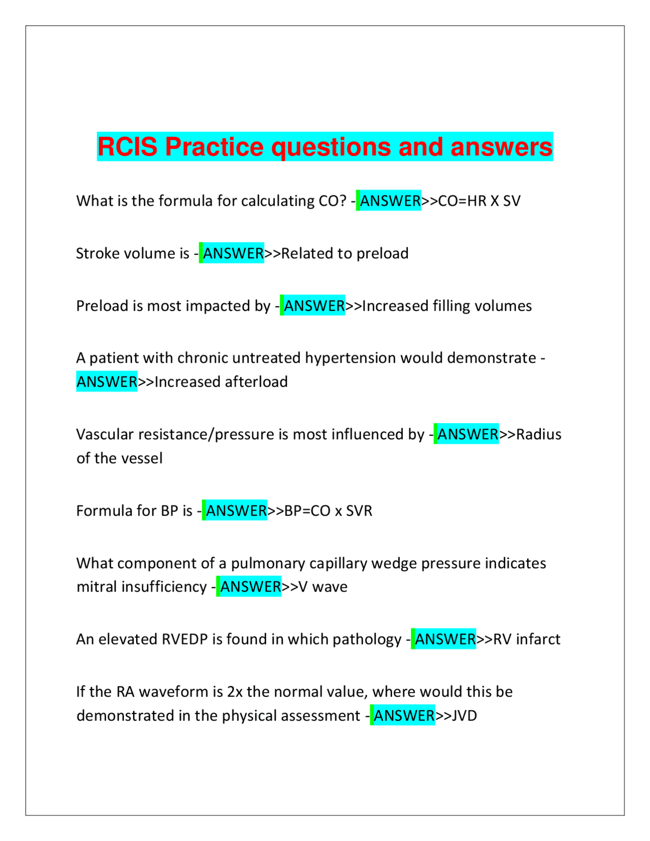 RCIS Practice Questions and Answers: Cardiovascular System and ...