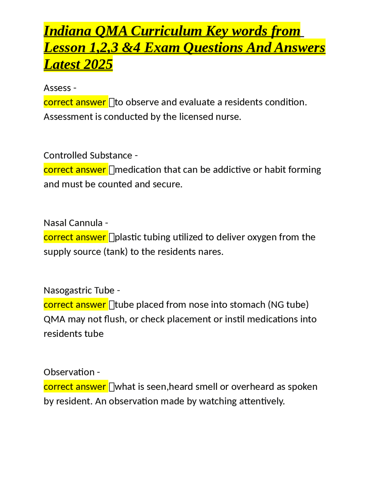 Indiana QMA Curriculum Key Words: Lesson 1, 2, 3 & 4 Exam Questions and ...