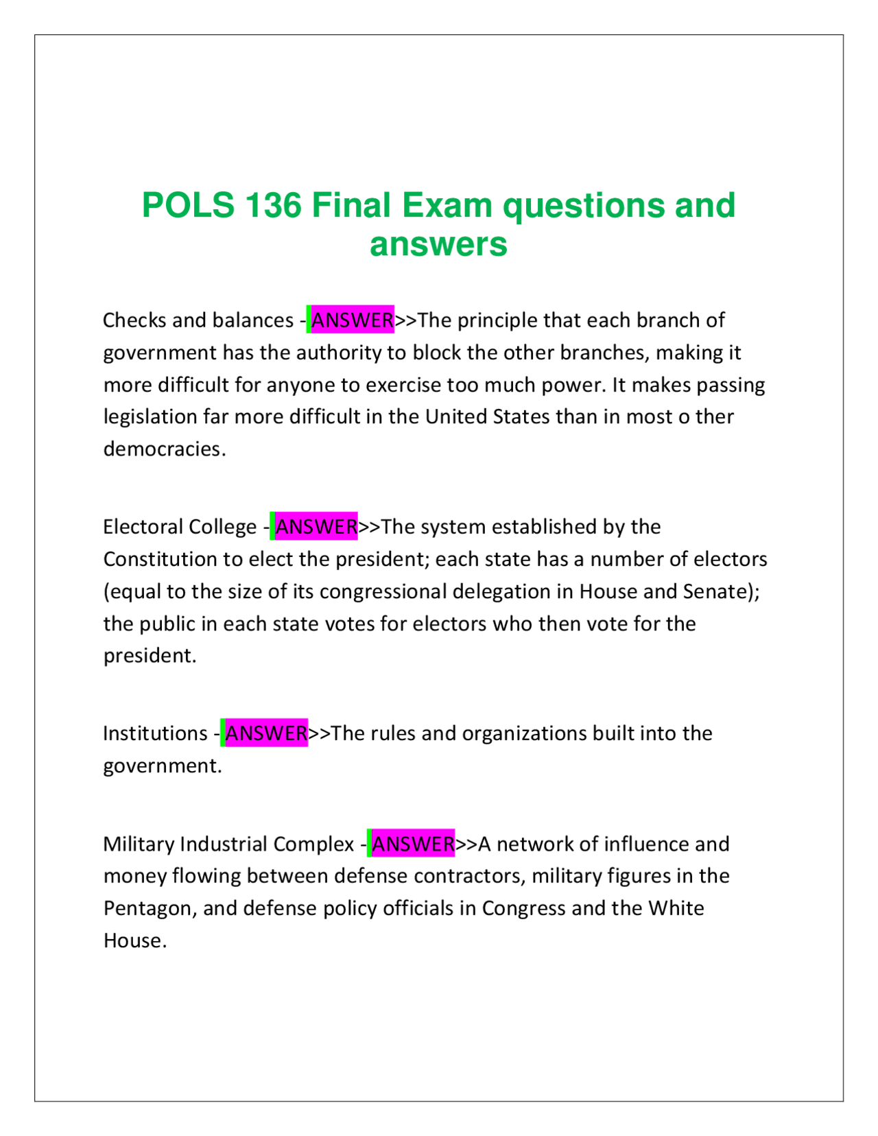 POLS 136 Final Exam Questions and Answers: Key Concepts in American ...