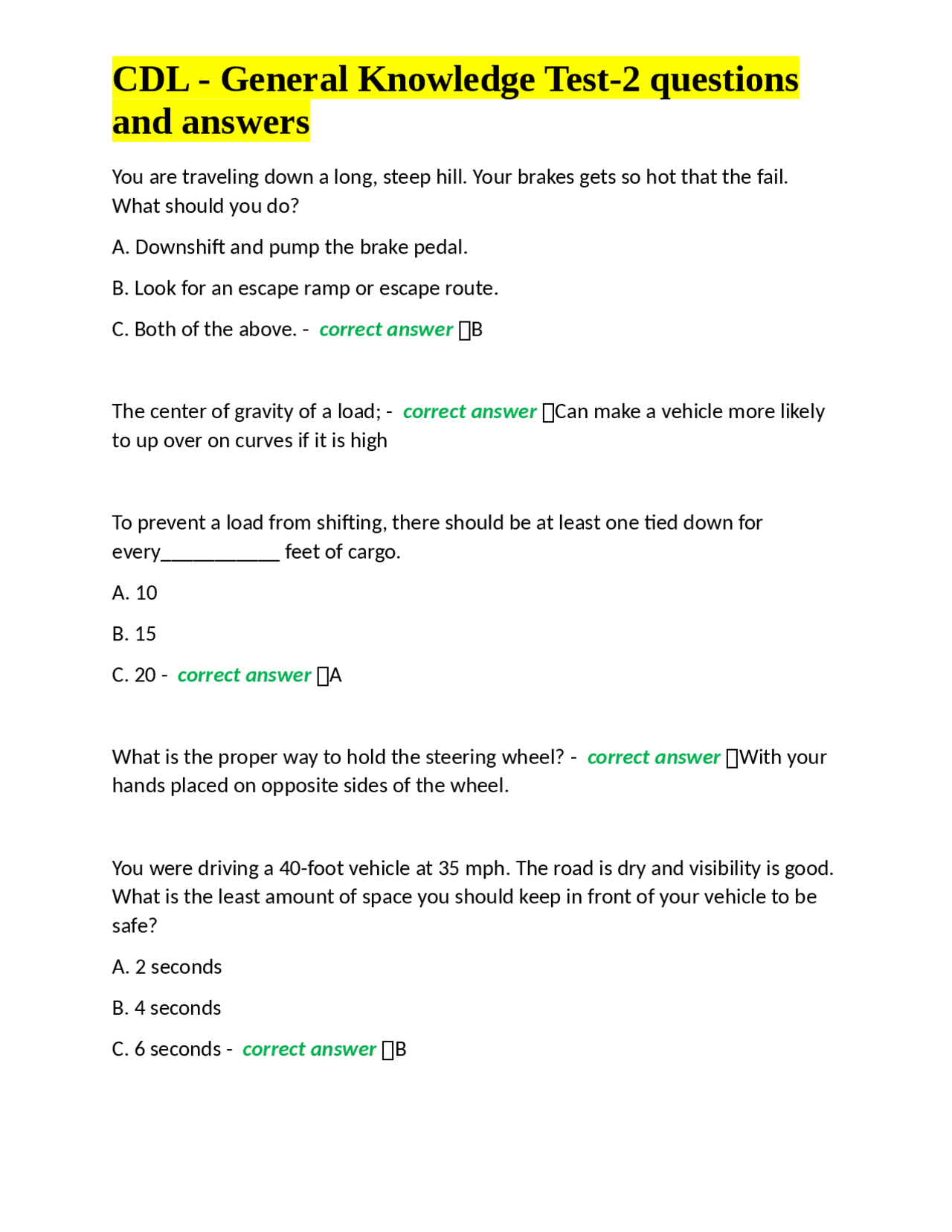 CDL General Knowledge Test-2: Practice Questions and Answers | Exams ...