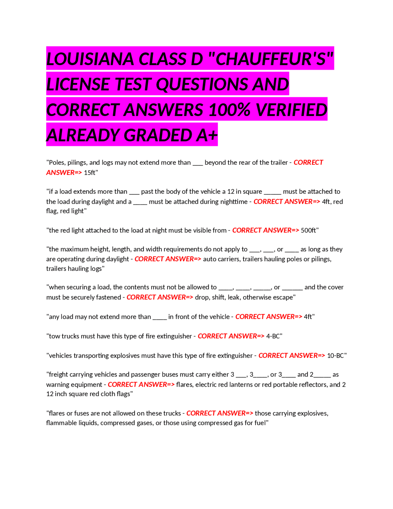 LOUISIANA CLASS D "CHAUFFEUR'S" LICENSE TEST QUESTIONS AND CORRECT ...