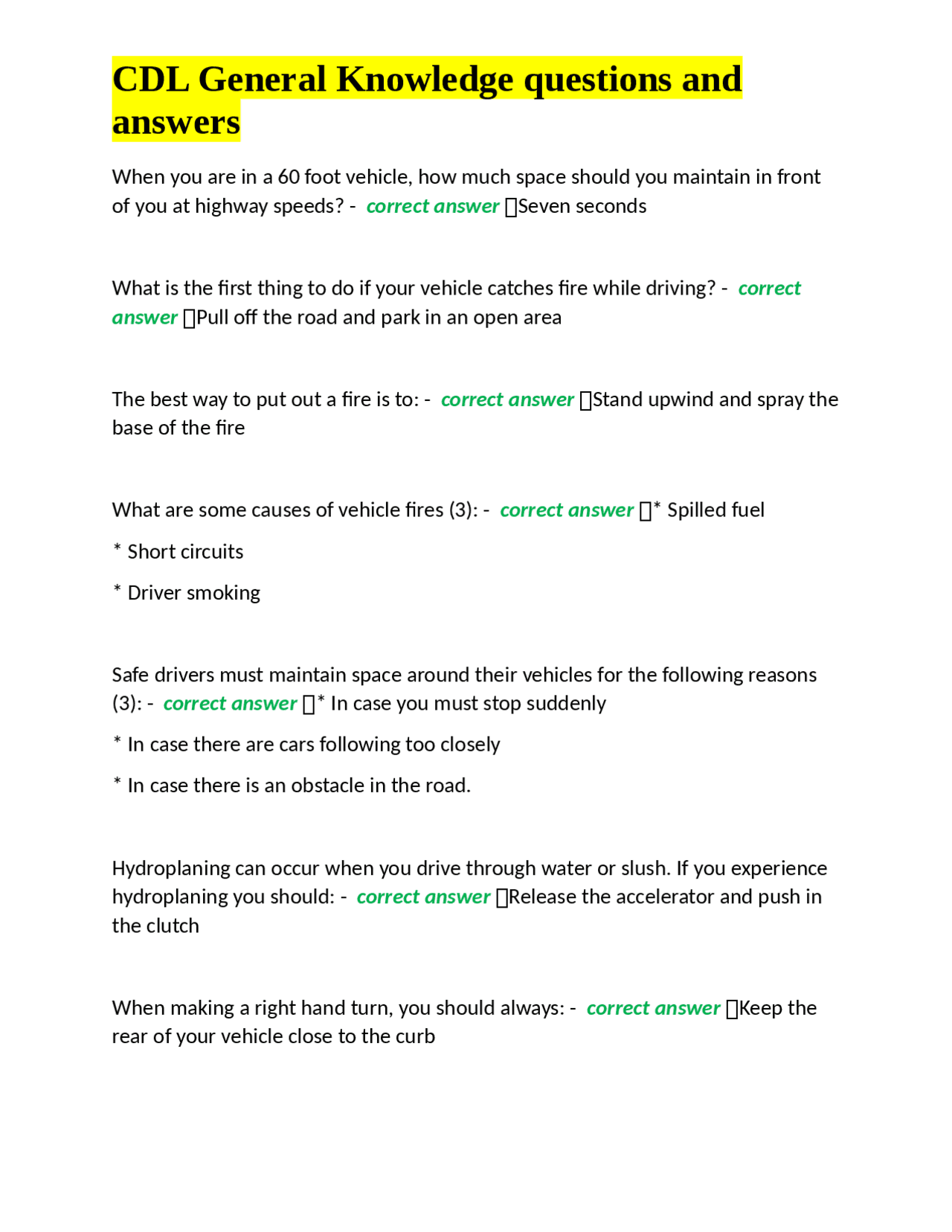 CDL General Knowledge questions and answers | Exams Nursing | Docsity