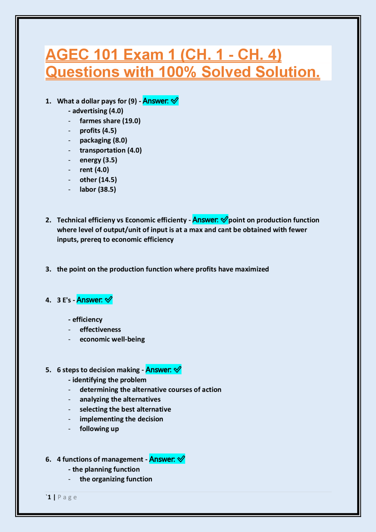 AGEC 101 Exam 1: Agricultural Economics Principles (Chapters 1-4 ...