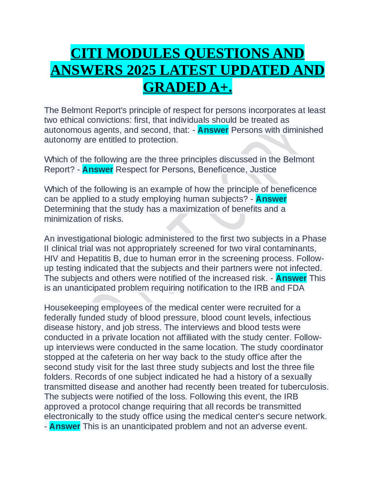 CITI MODULES QUESTIONS AND ANSWERS 2025 LATEST UPDATED AND GRADED A+ ...