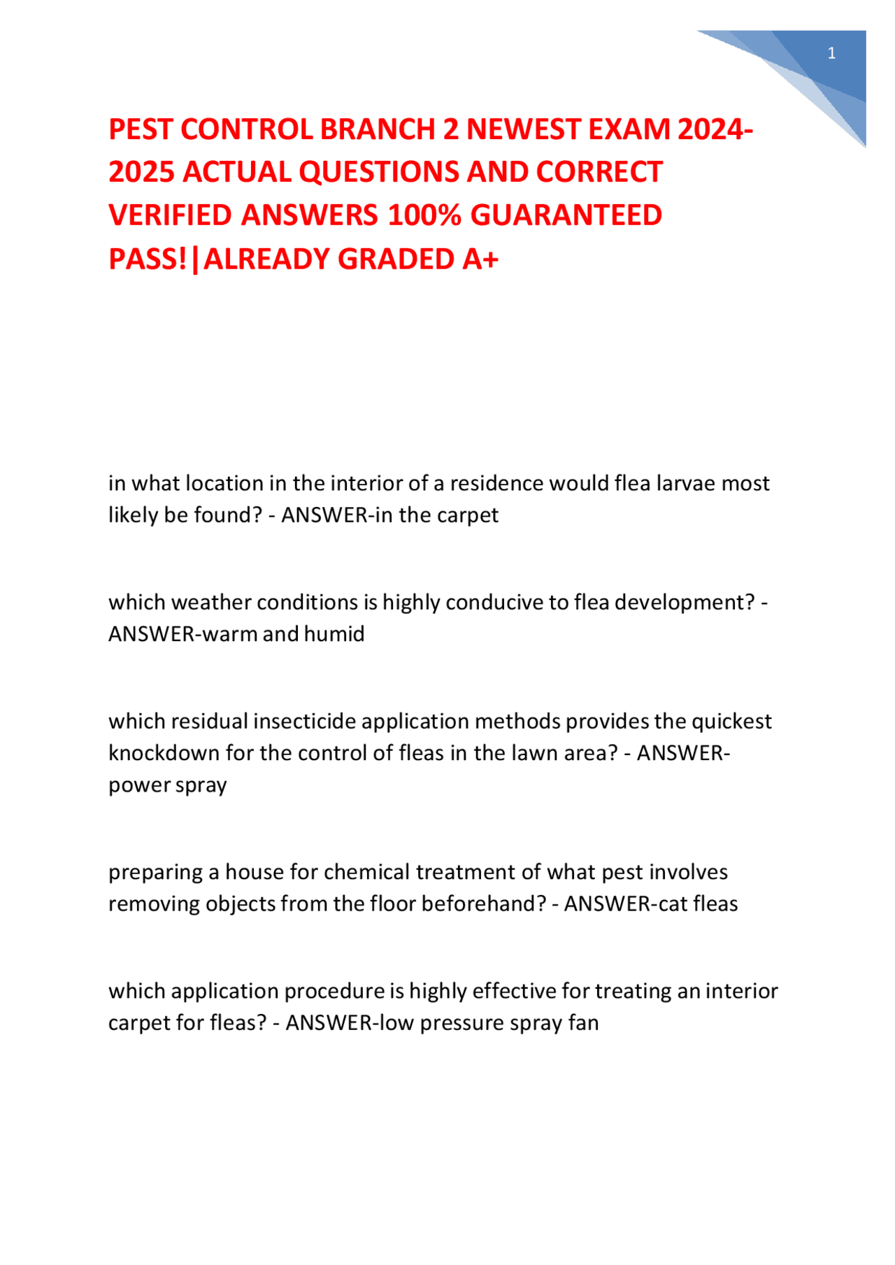 PEST CONTROL BRANCH 2 NEWEST EXAM 2024- 2025 ACTUAL QUESTIONS AND ...
