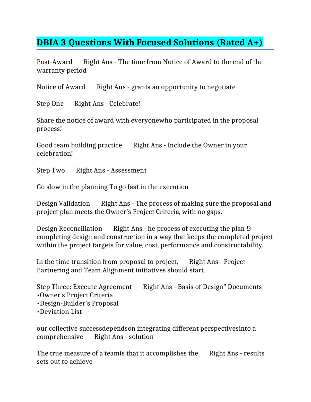 DBIA 3 Questions: Design-Build Project Management Guide (Rated A+) | Exams Construction | Docsity