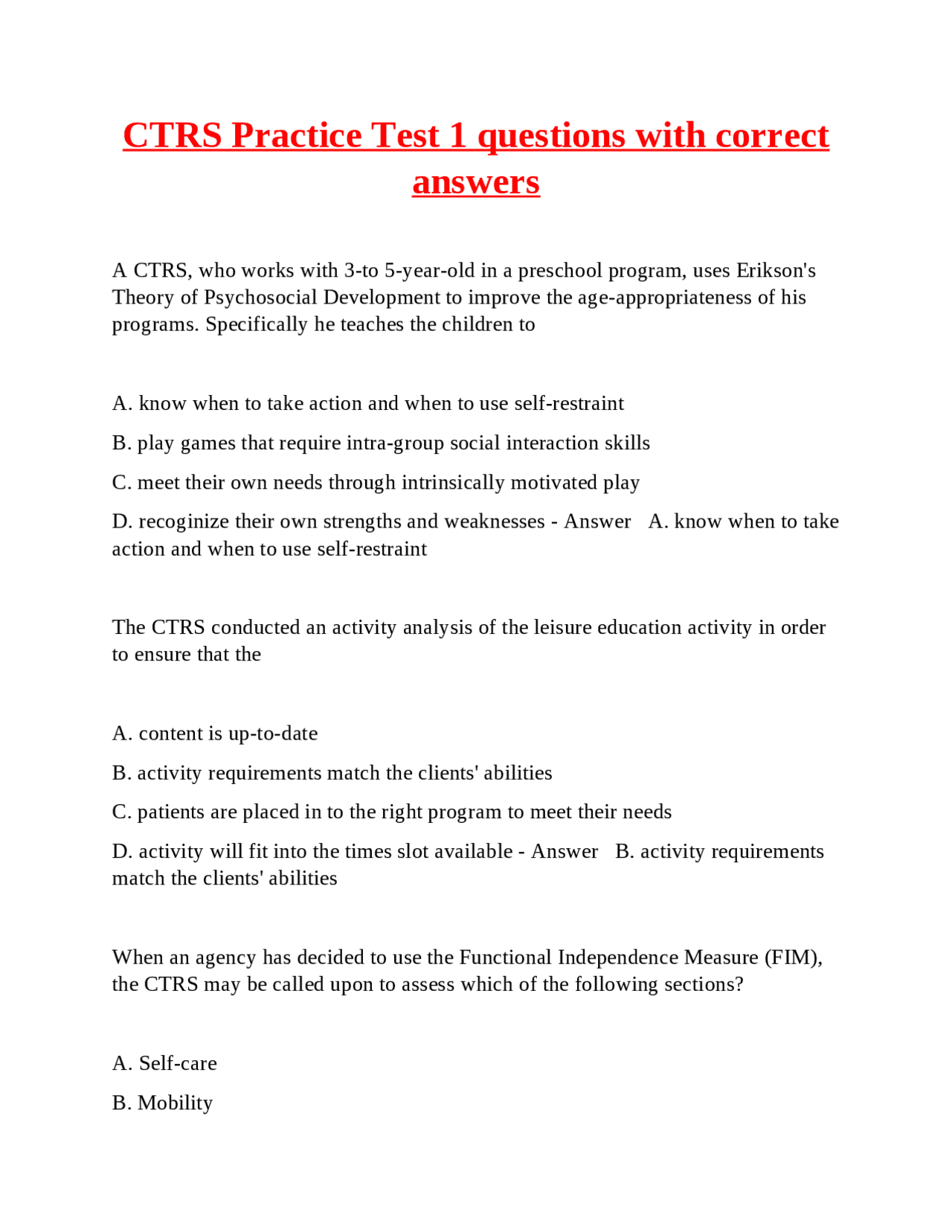 CTRS Practice Test 1: Questions and Answers | Exams Nursing | Docsity