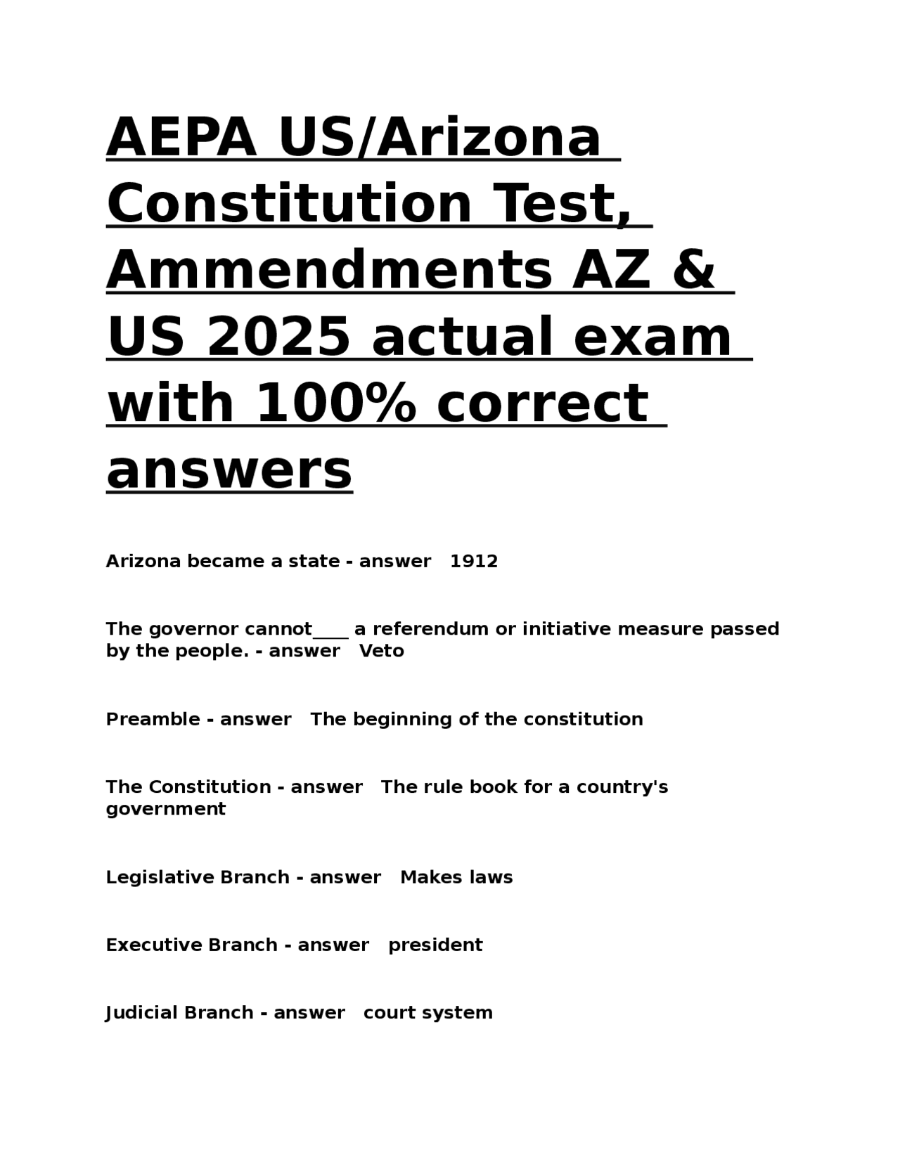 AEPA USArizona Constitution Test, Ammendments AZ & US 2025 actual exam ...