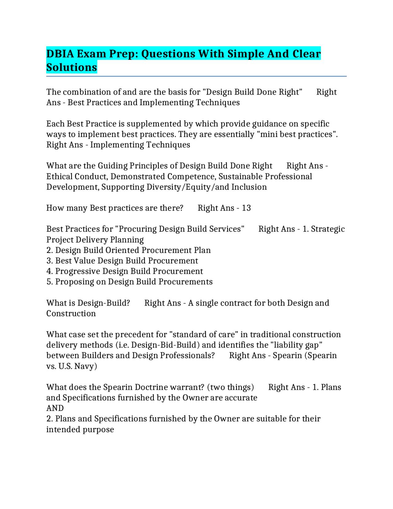 DBIA Exam Prep: Questions and Answers on Design-Build Done Right ...