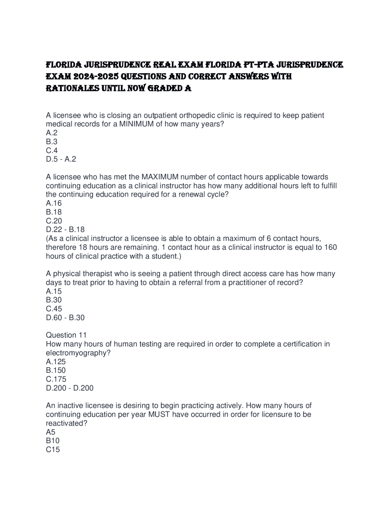 Florida Jurisprudence Real Exam: PT-PTA 2024-2025 Questions & Answers | Exams Nursing | Docsity