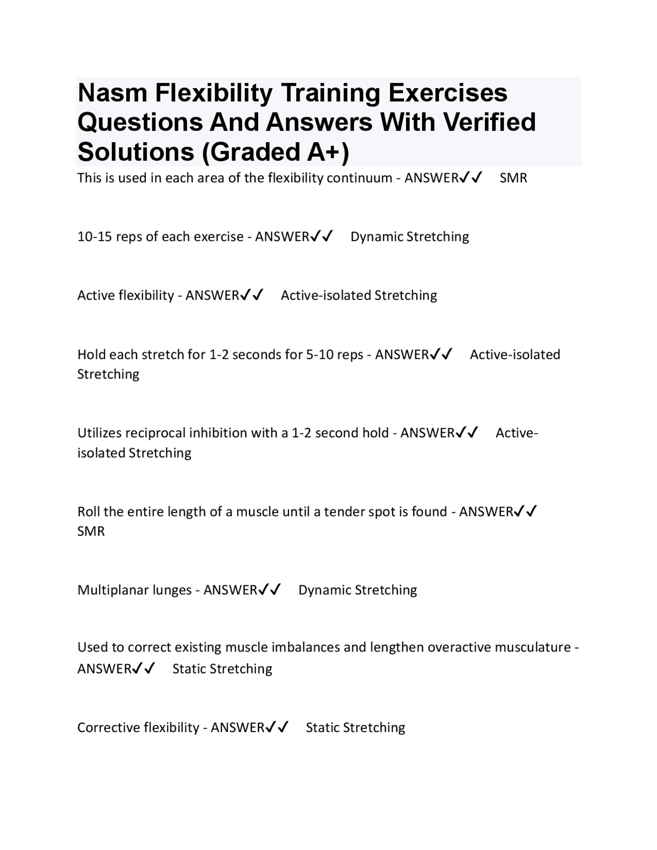 Nasm Flexibility Training Exercises Questions And Answers With Verified ...