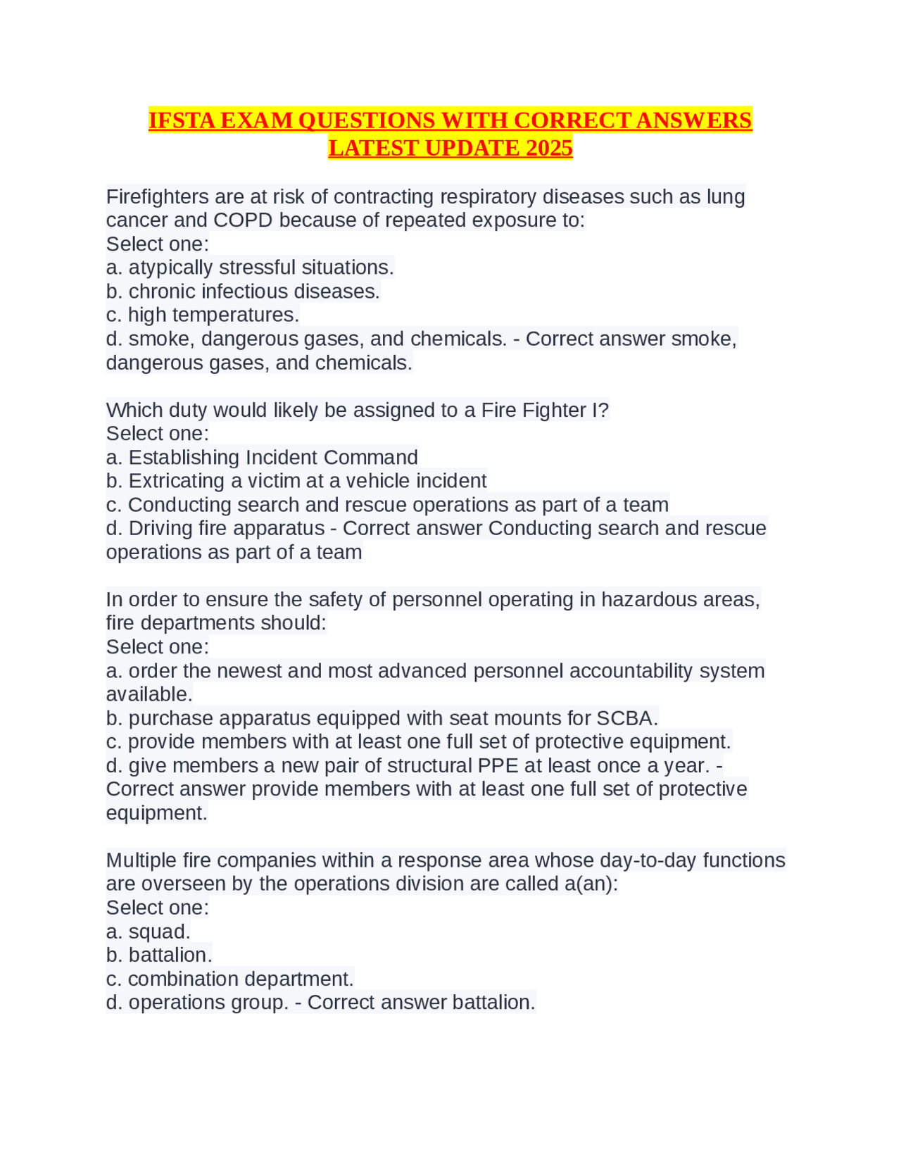 IFSTA Exam Questions with Correct Answers: Firefighter Safety and ...