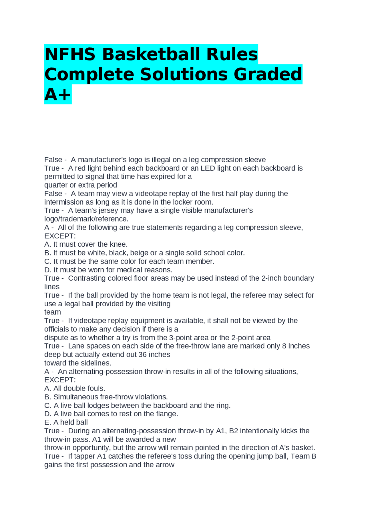 NFHS Basketball Rules: Complete Solutions Graded A+ | Exams Sports ...