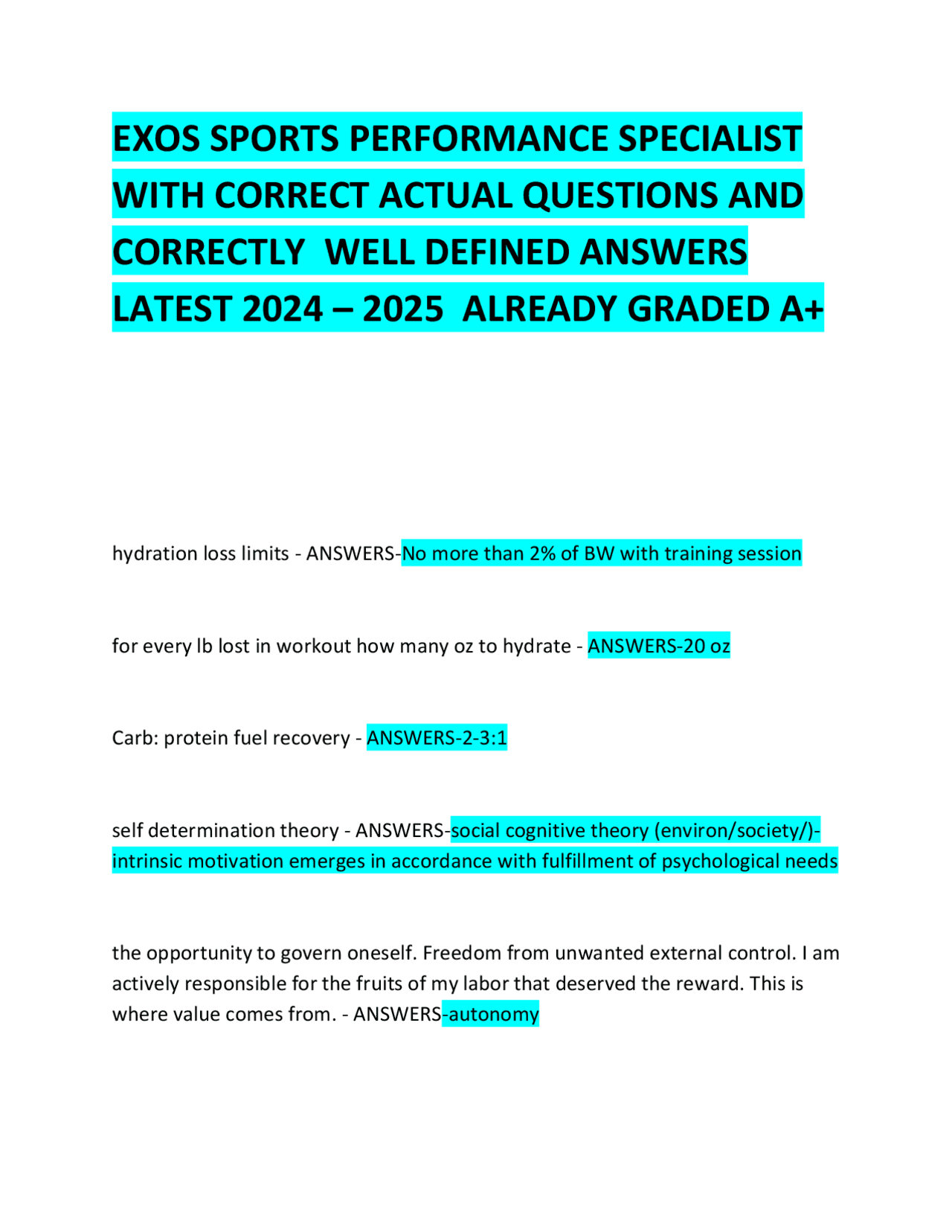 EXOS SPORTS PERFORMANCE SPECIALIST WITH CORRECT ACTUAL QUESTIONS ...