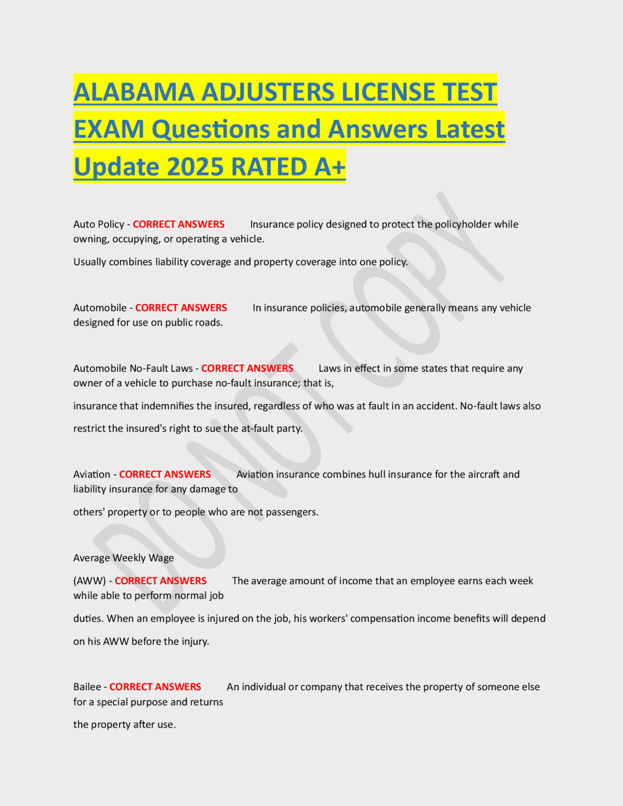 ALABAMA ADJUSTERS LICENSE TEST EXAM Questions and Answers Latest Update ...
