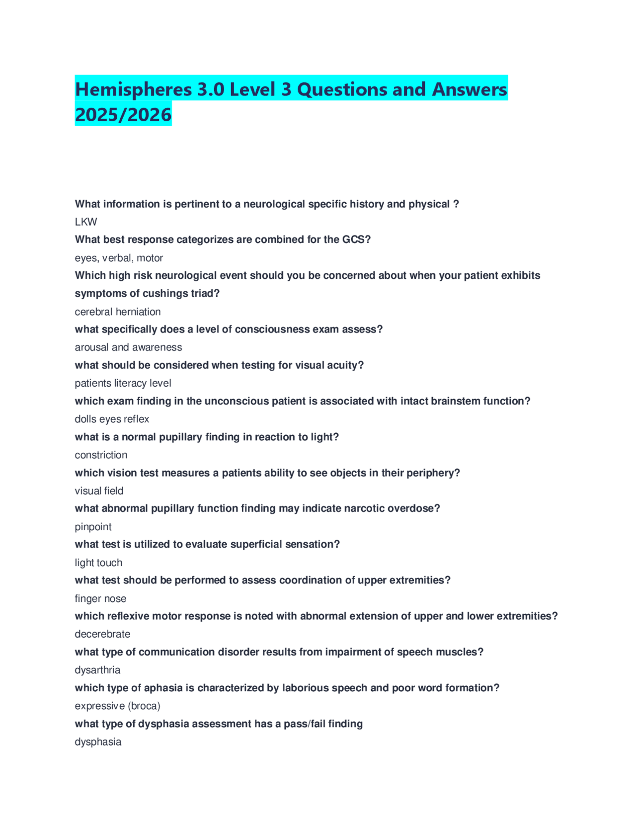 Hemispheres 3.0 Level 3 Questions and Answers 2025/2026 | Exams Health ...
