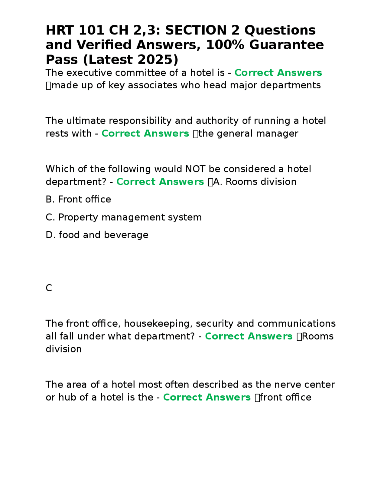 HRT 101: Hotel Operations & Front Office Management - Q&A | Exams ...