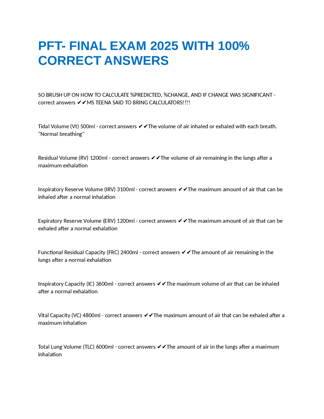 Pulmonary Function Tests (PFT) - Final Exam Review | Exams Nursing ...