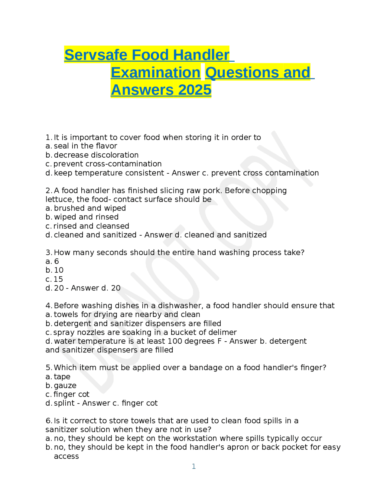 ServSafe Food Handler Examination Questions and Answers 2025 | Exams Nursing | Docsity