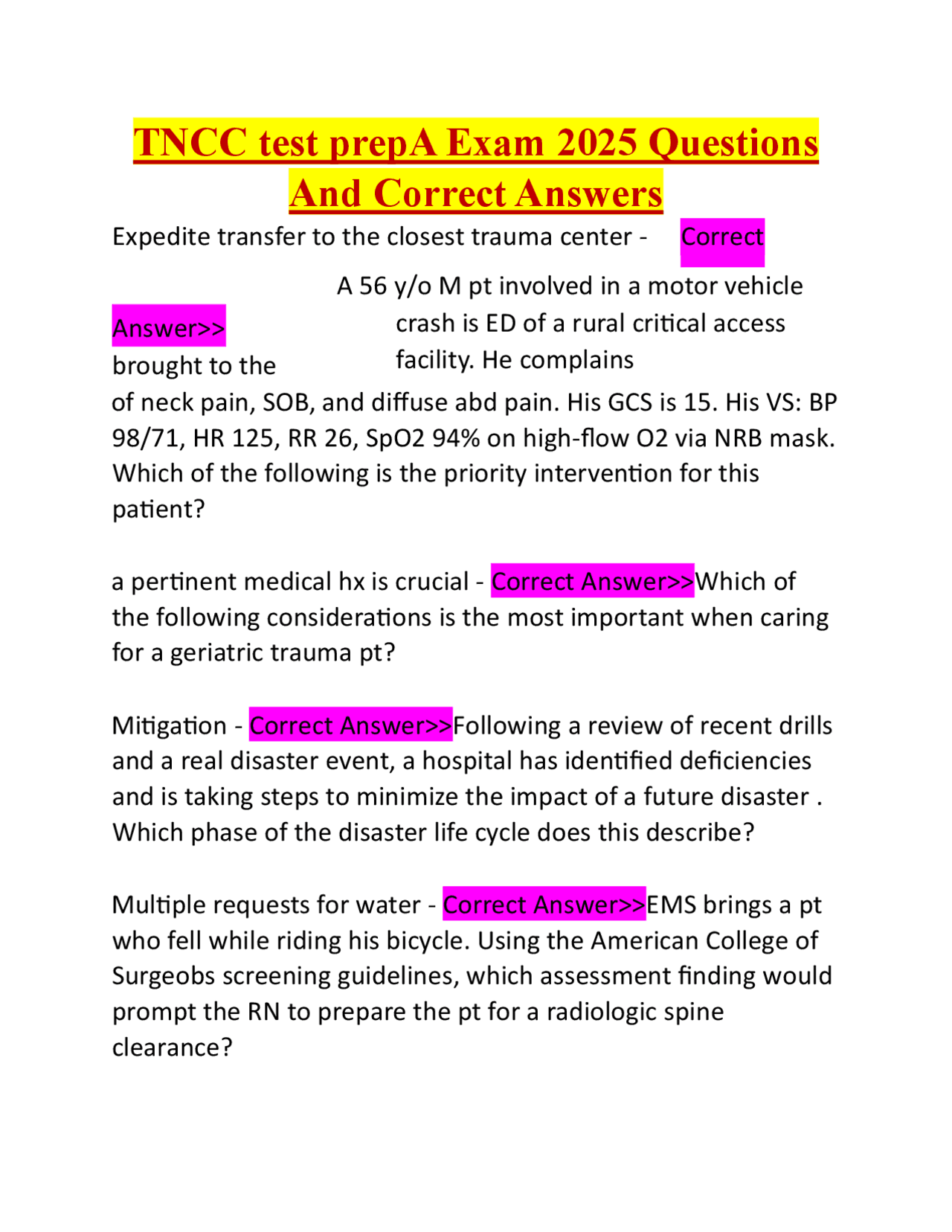 TNCC test prepA Exam 2025 Questions And Correct Answers | Exams Nursing ...