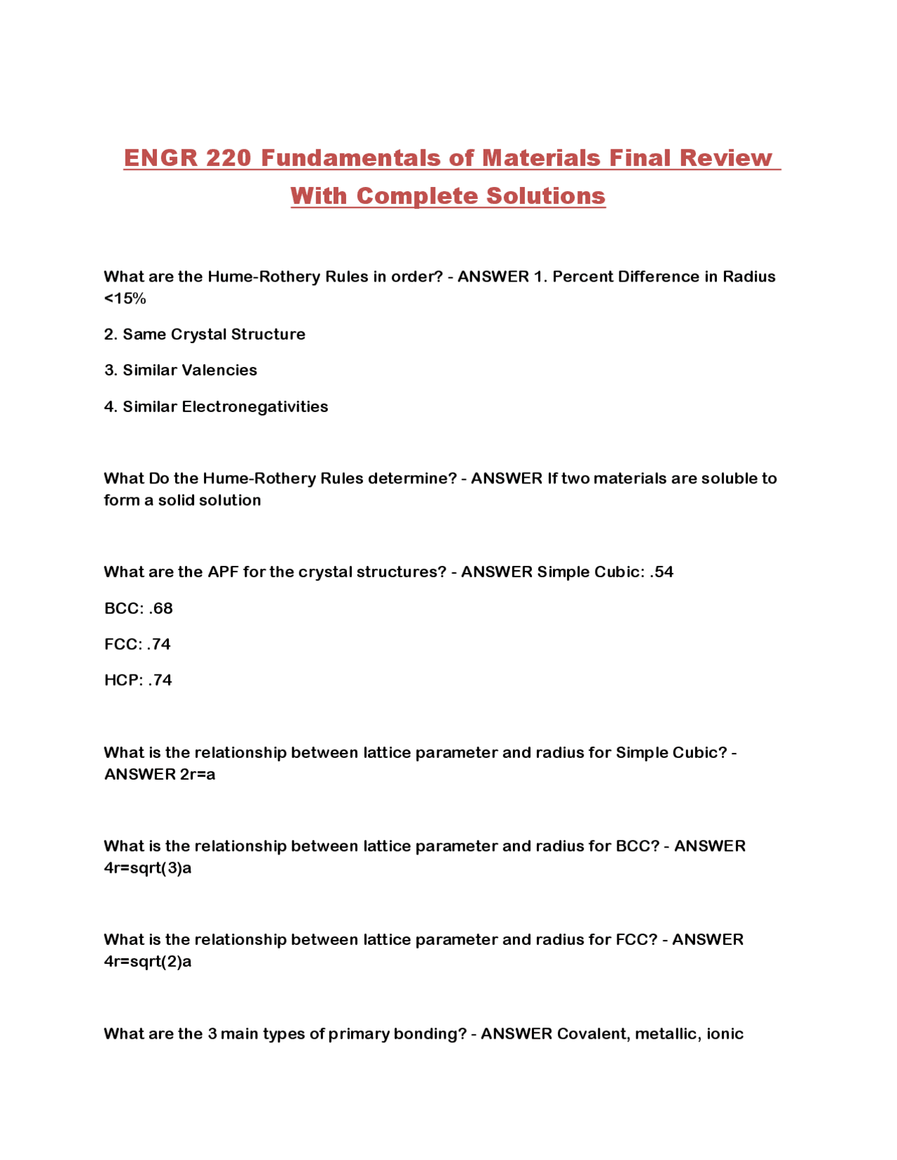 ENGR 220 Fundamentals of Materials Final Review With Complete Solutions | Exams Advanced ...