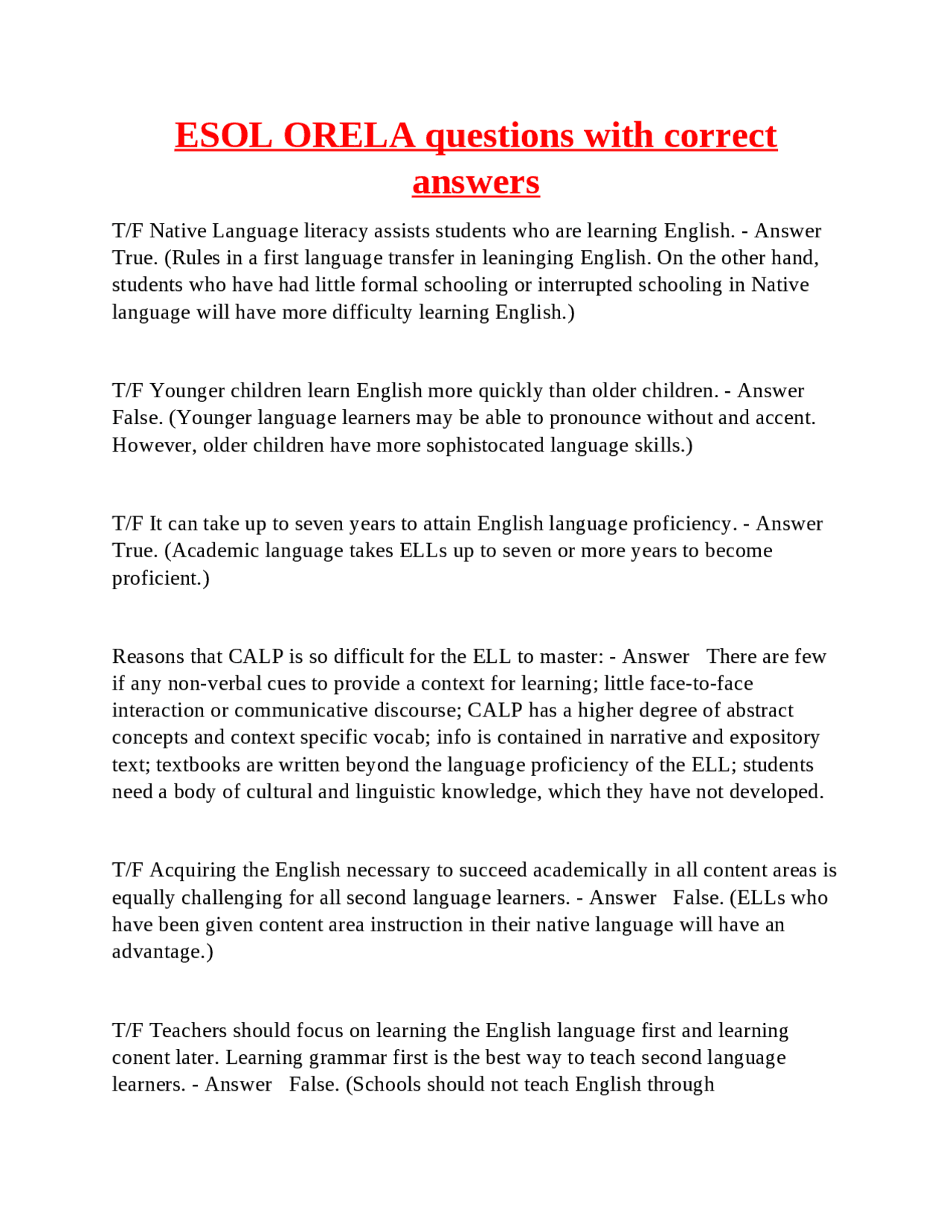 ESOL ORELA questions with correct answers | Exams Advanced Education ...