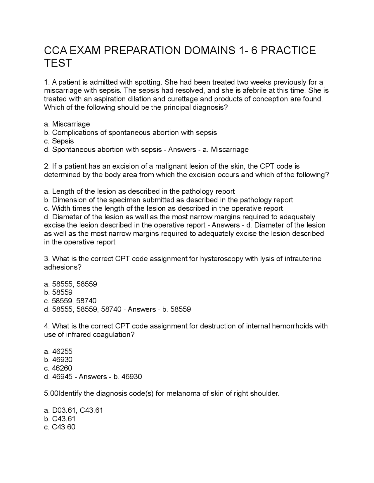 CCA EXAM PREPARATION DOMAINS 1- 6 PRACTICE TEST | Exams Nursing | Docsity