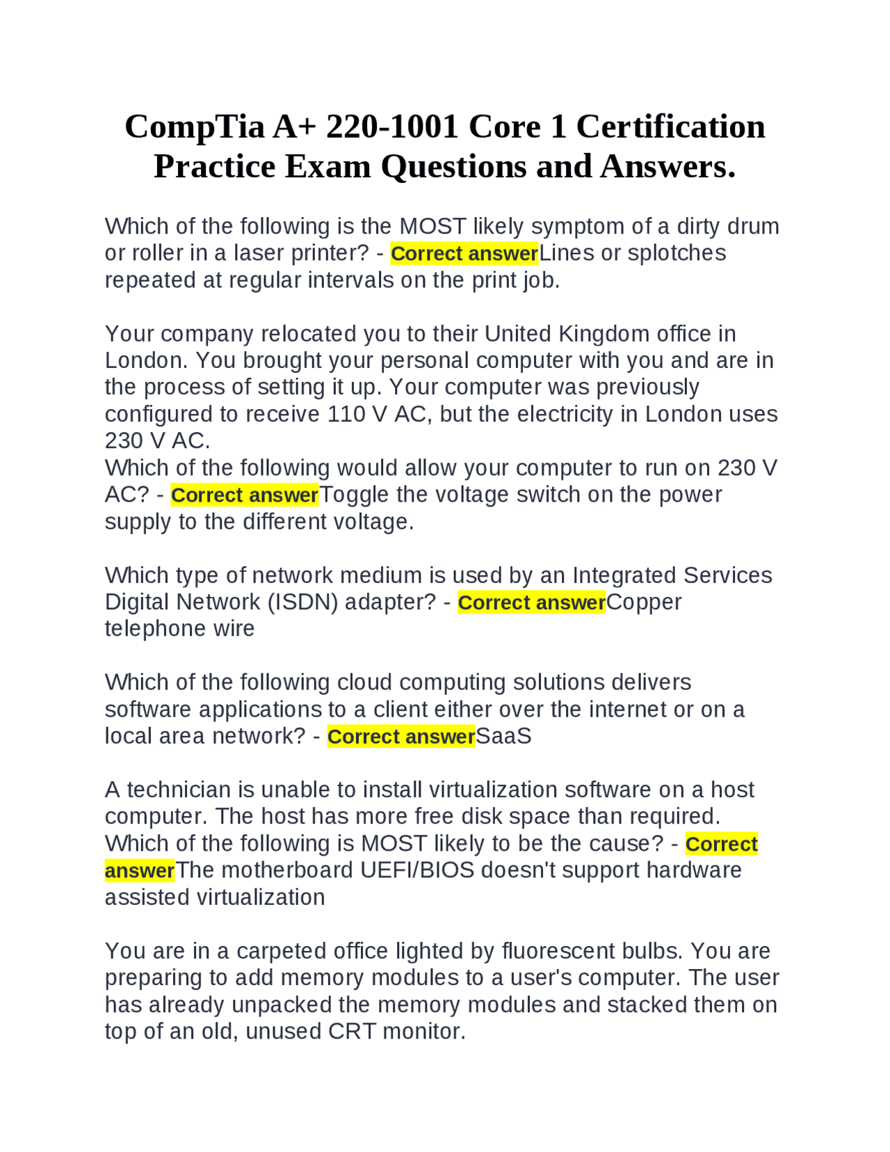 CompTia A+ 220-1001 Core 1 Certification Practice Exam Questions and Answers. | Exams Computer ...