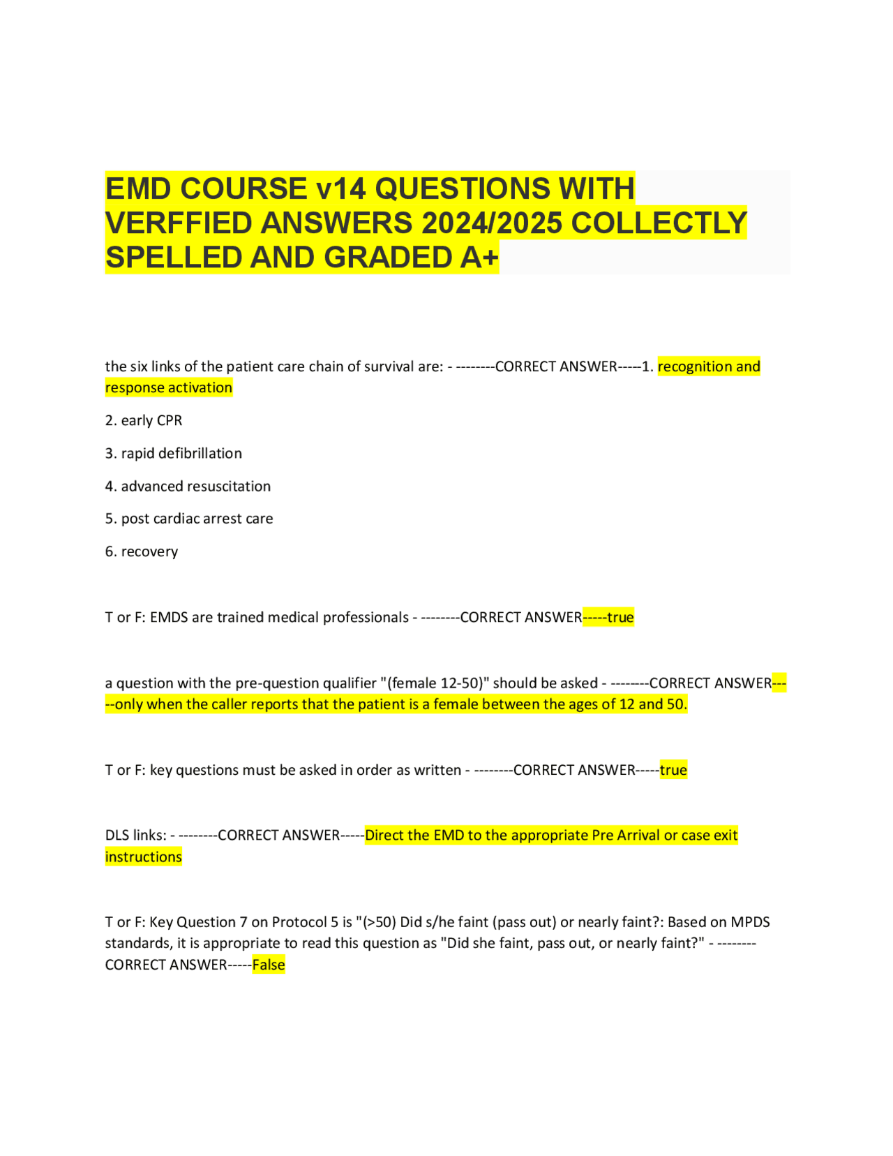 EMD COURSE v14 QUESTIONS WITH VERFFIED ANSWERS 2025.pdf | Exams Nursing ...