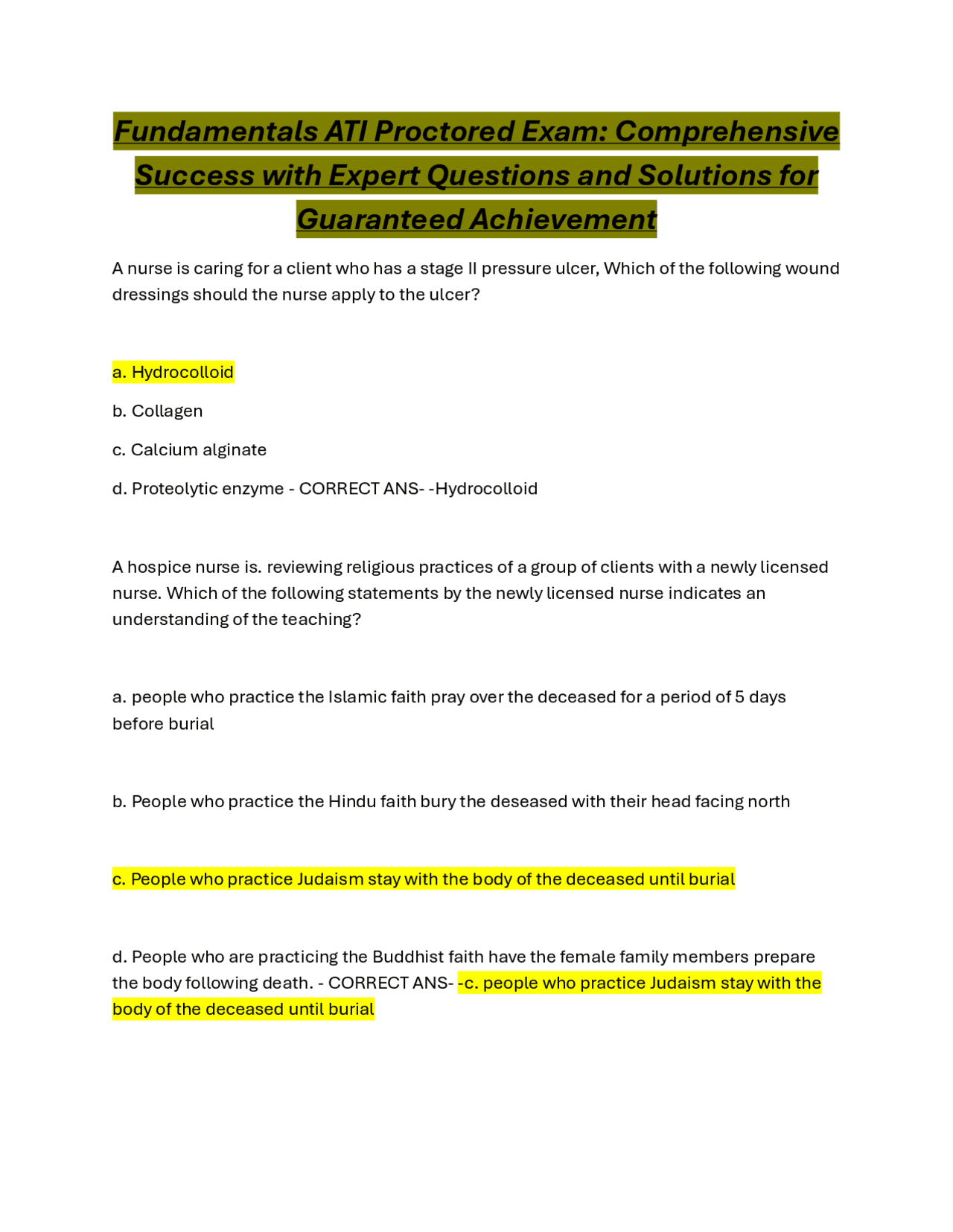 Fundamentals A.T.I Proctored Exam: Comprehensive Success with Expert ...