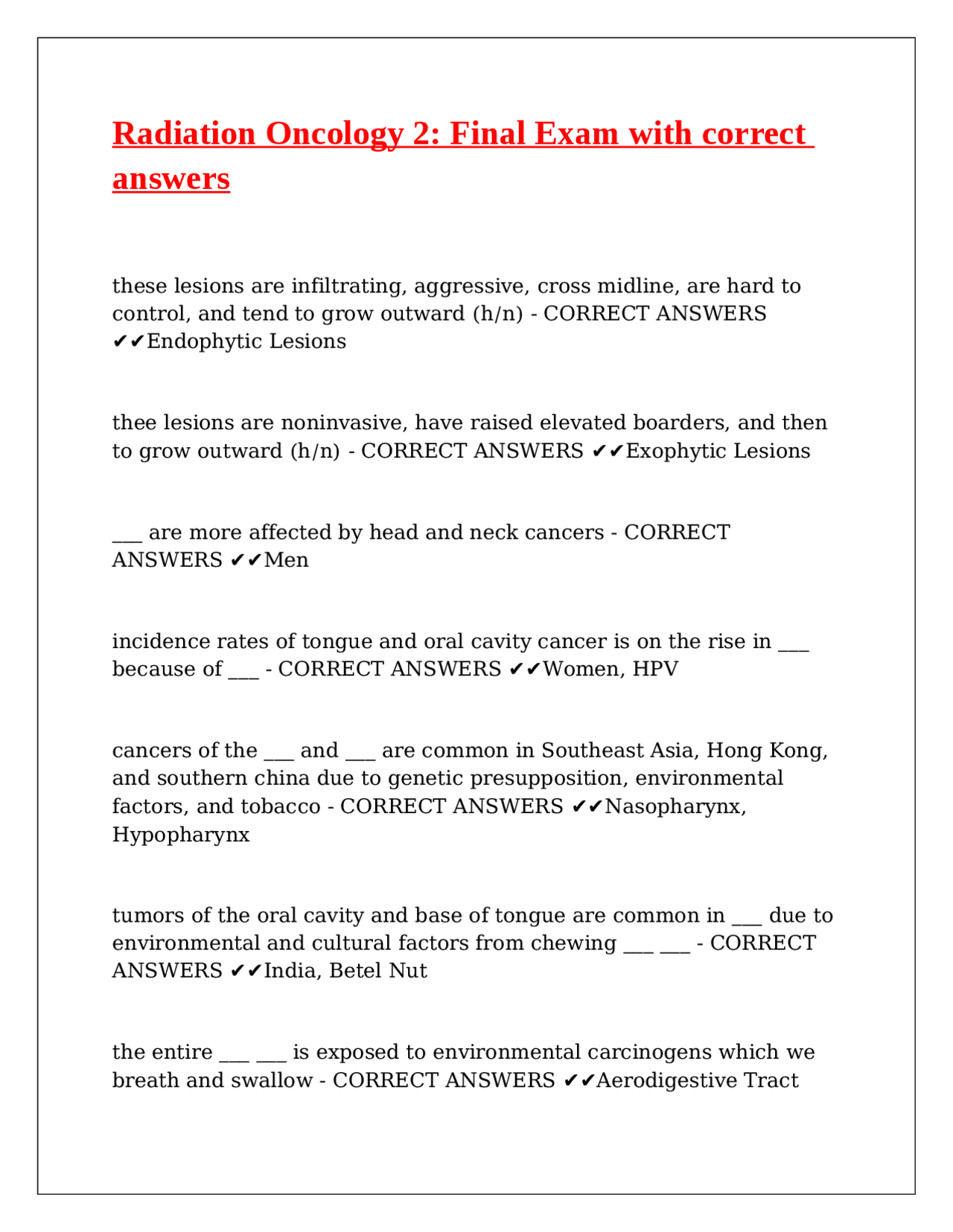 Radiation Oncology 2 Final Exam with correct answers | Exams Oncology ...