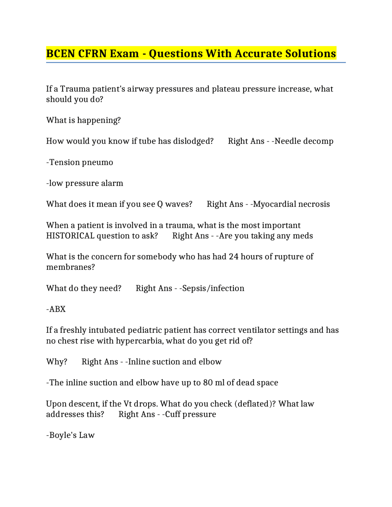 BCEN CFRN Exam - Questions and Answers | Exams Nursing | Docsity