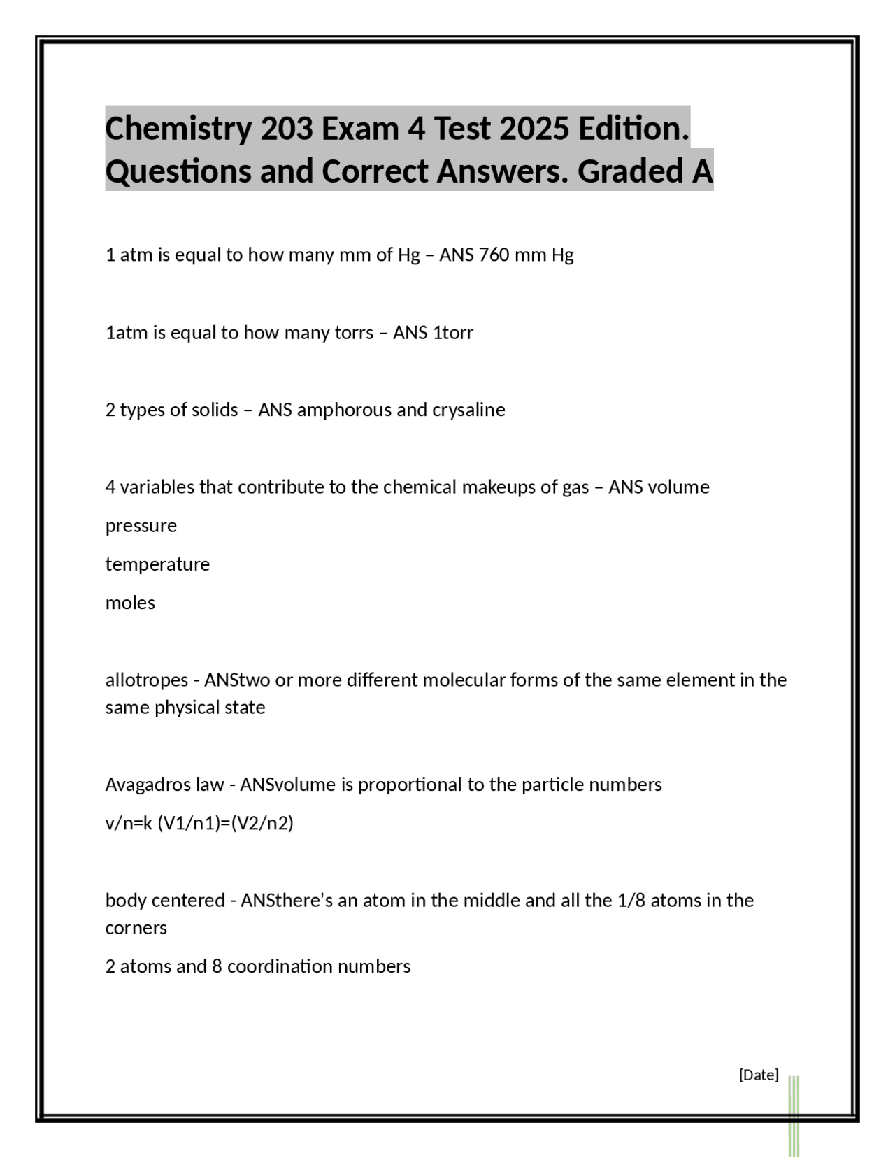 Chemistry 203 Exam 4 Test 2025 Edition: Questions and Answers | Exams ...