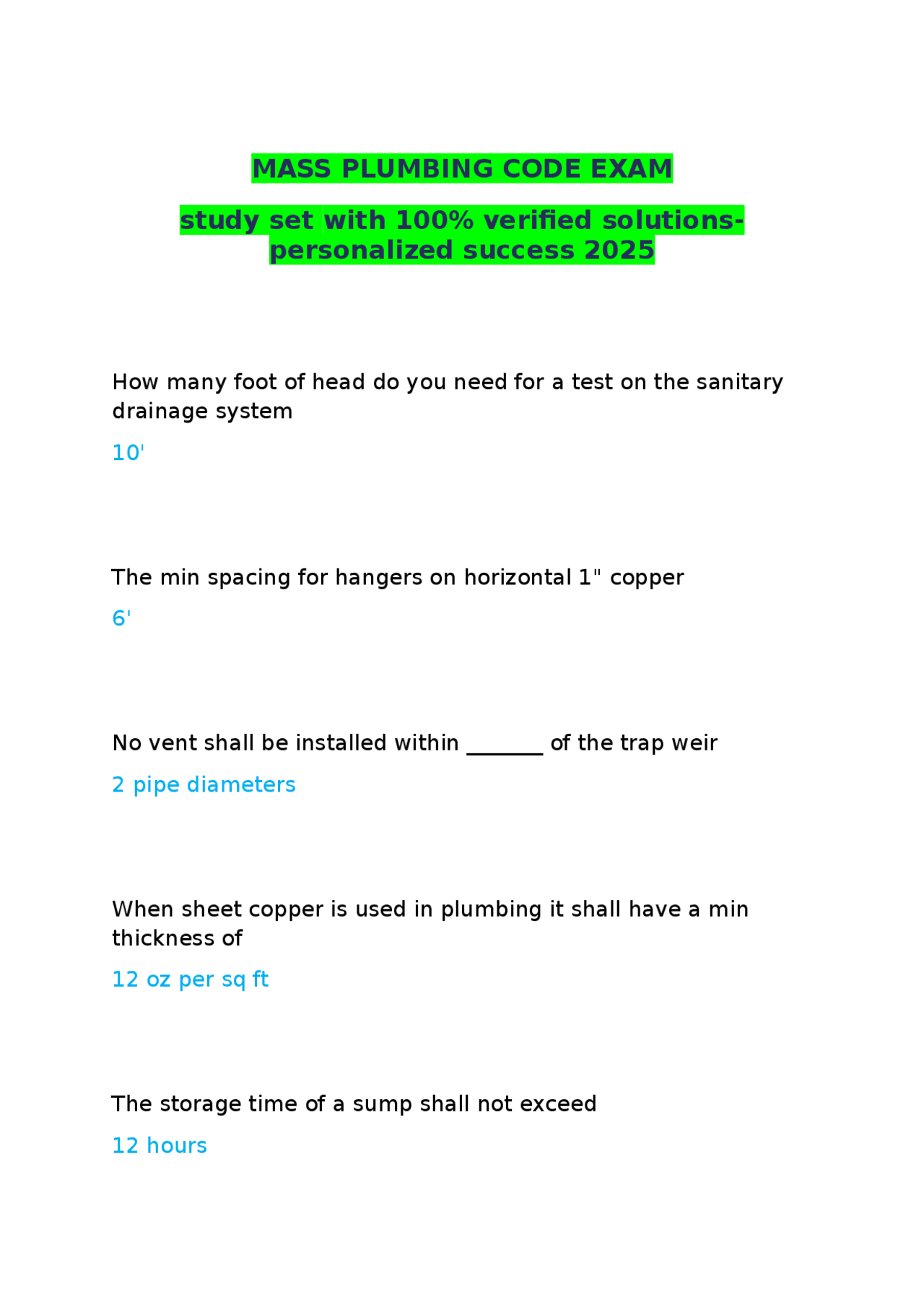 MASS PLUMBING CODE EXAM study set with 100% verified solutions ...