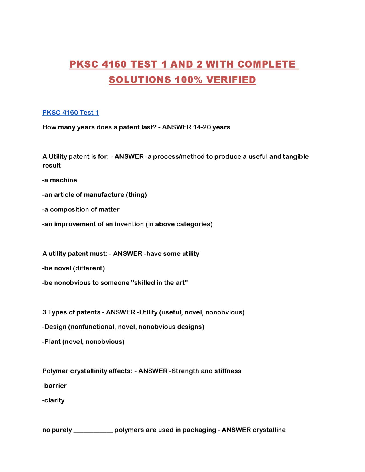 PKSC 4160 Test 1 and 2 with Complete Solutions: Polymer Science and ...