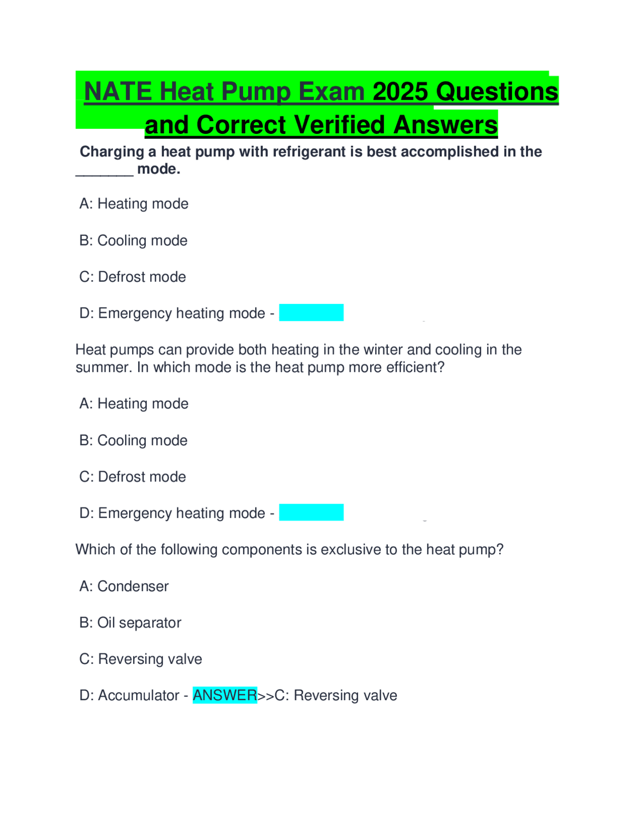 NATE Heat Pump Exam 2025: Questions and Answers | Exams Nursing | Docsity