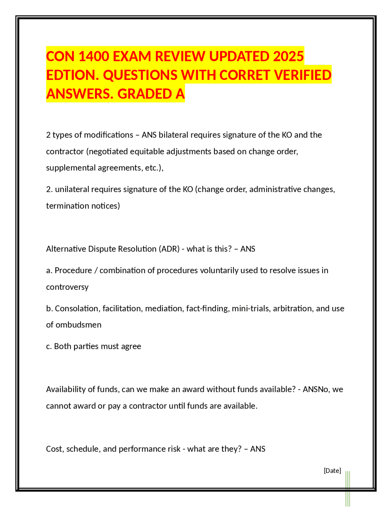 CON 1400 EXAM REVIEW UPDATED 2025 EDTION. QUESTIONS WITH CORRET ...