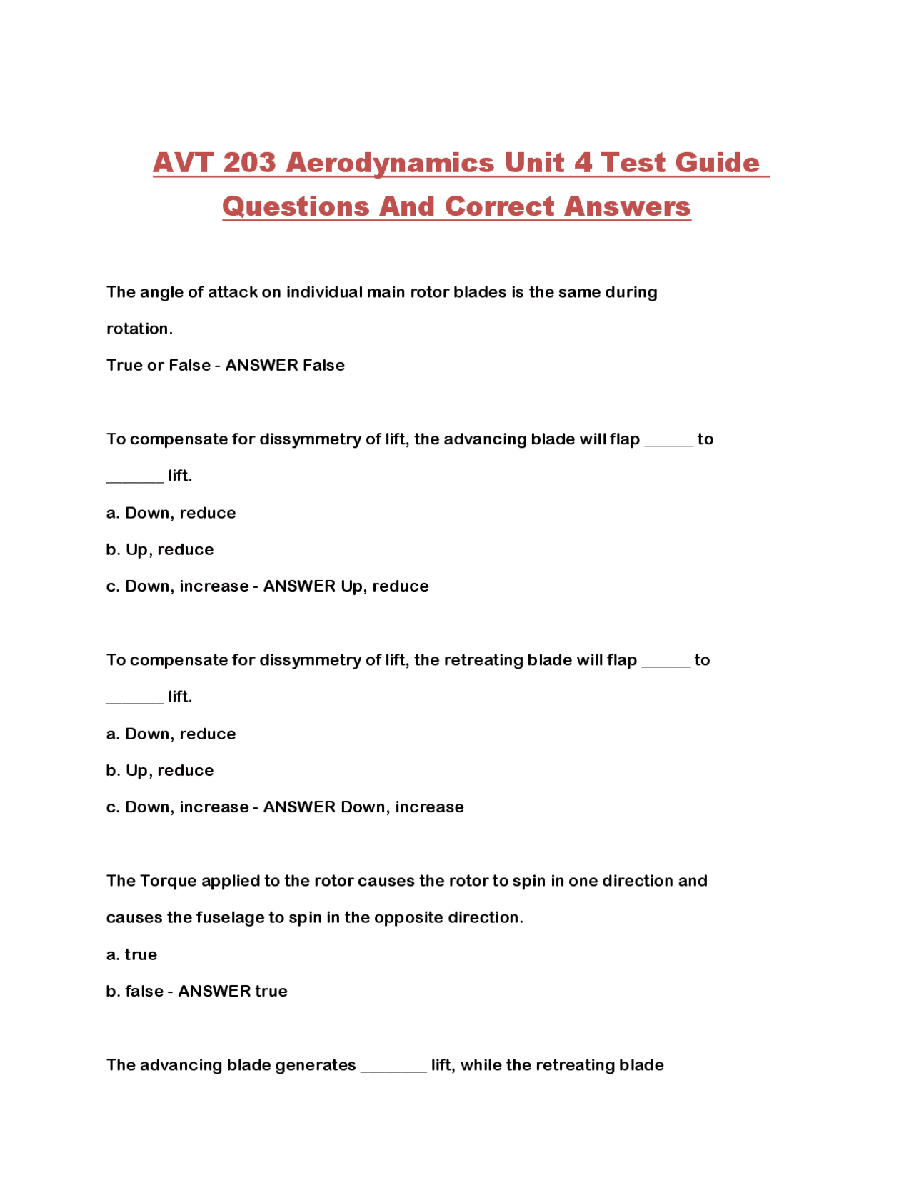 AVT 203 Aerodynamics Unit 4 Test Guide Questions And Correct Answers ...