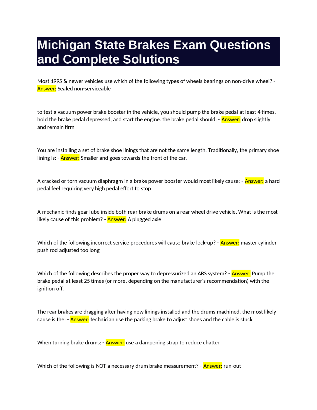 Michigan State Brakes Exam Questions and Complete Solutions | Exams Law ...