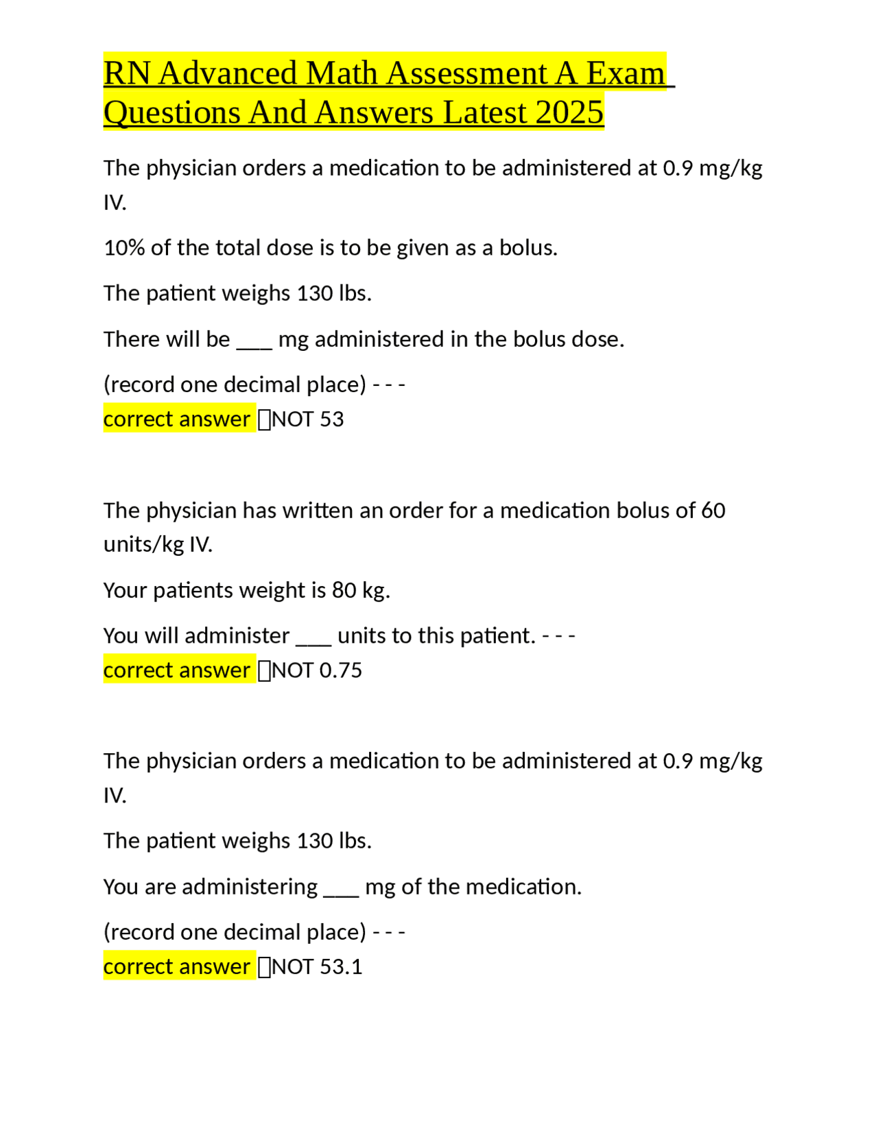 RN Advanced Math Assessment A Exam: Questions and Answers | Exams ...