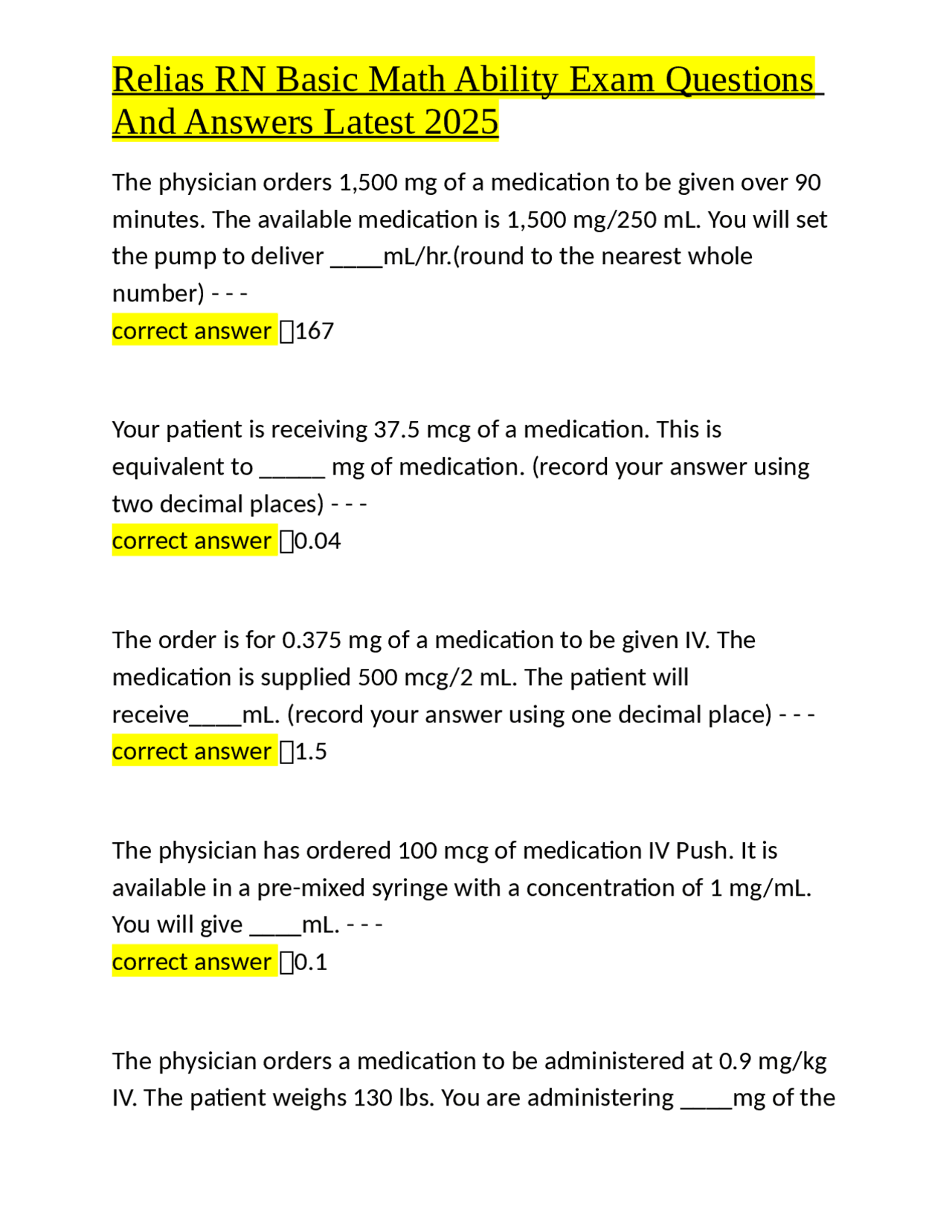 Relias RN Basic Math Ability Exam Questions and Answers | Exams ...
