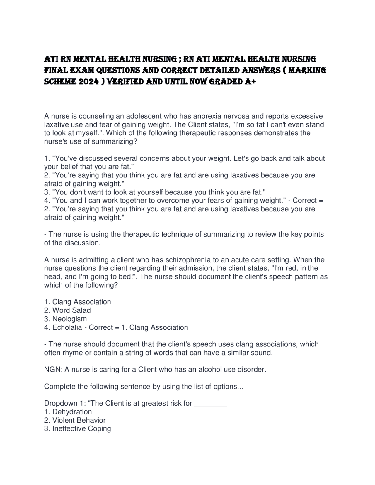 Mental Health Nursing Practice Questions and Answers | Exams Nursing ...