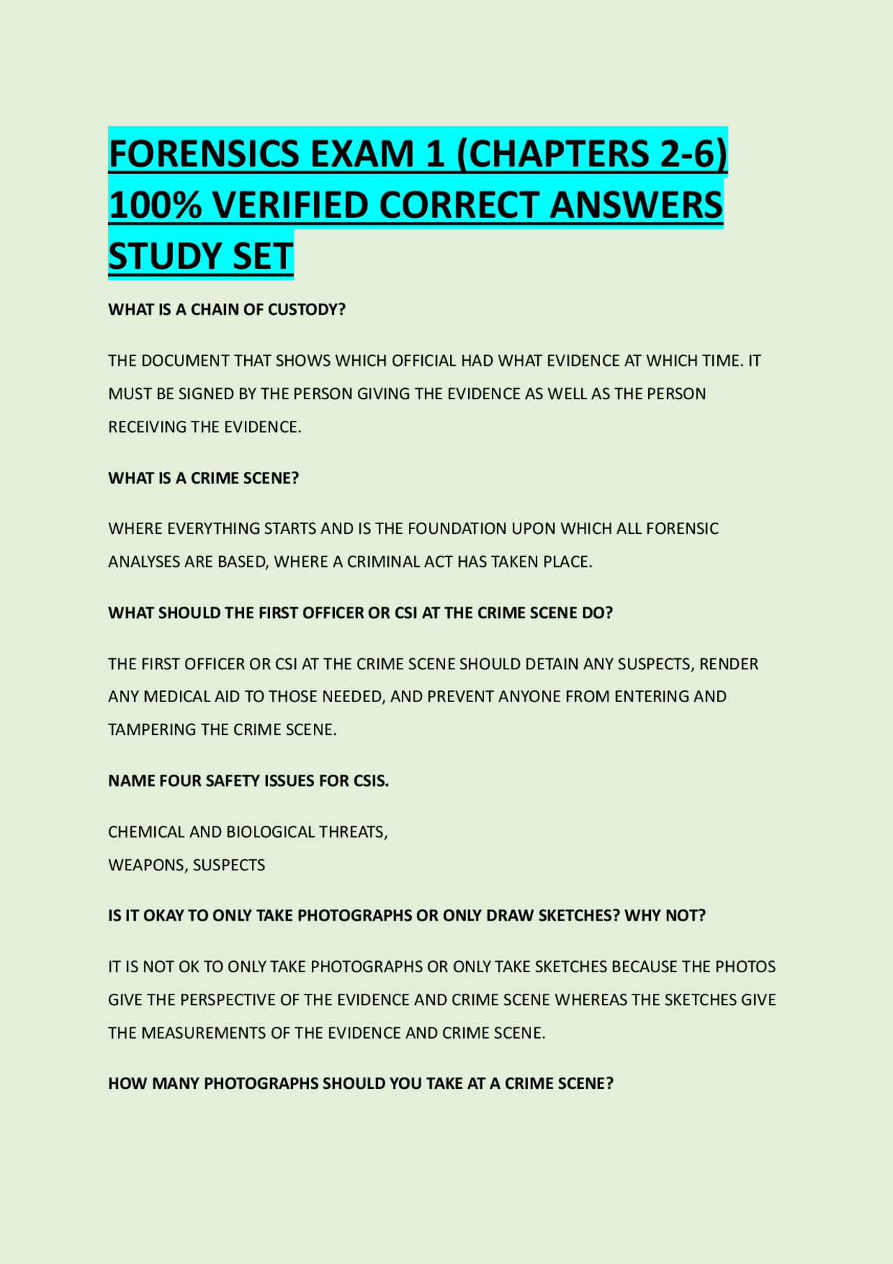 FORENSICS EXAM 1 (CHAPTERS 2-6) 100% VERIFIED CORRECT ANSWERS STUDY SET ...