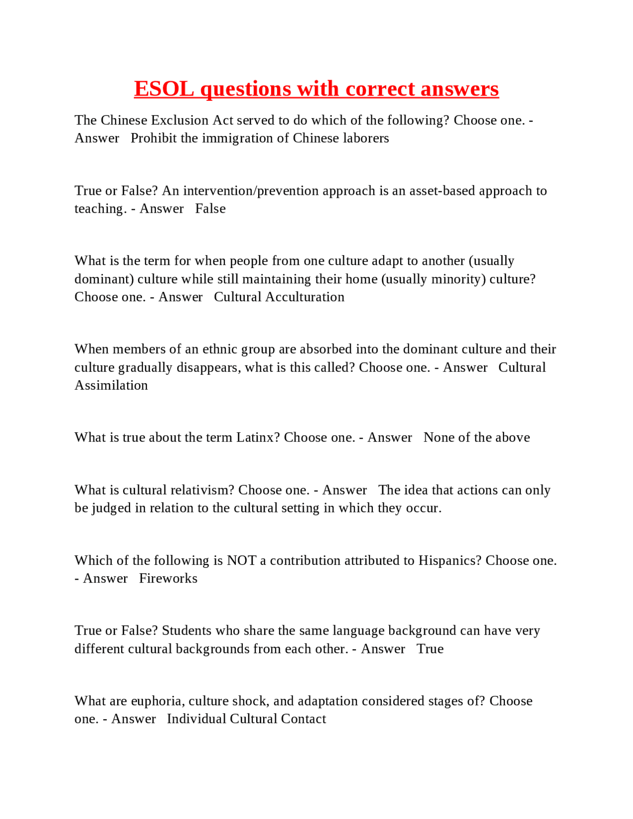 ESOL questions with correct answers | Exams Advanced Education | Docsity